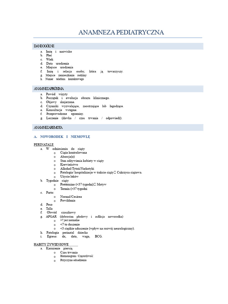 Anamneza Pediatryczna | PDF