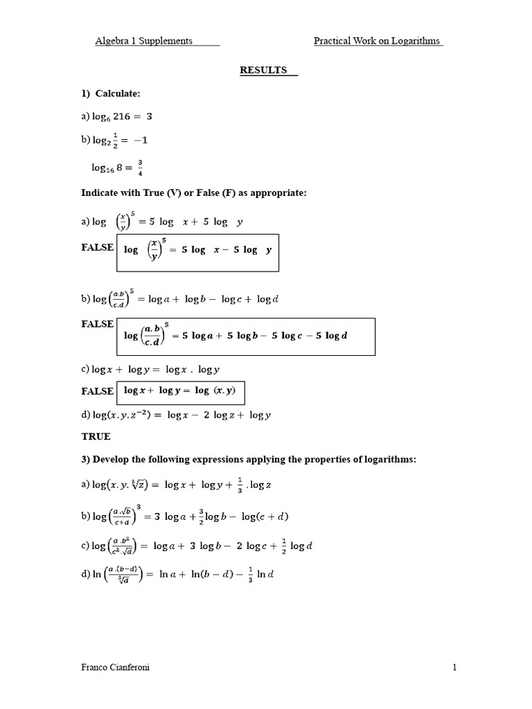 Logarithm Practice Exercises for Algebra 1 | PDF