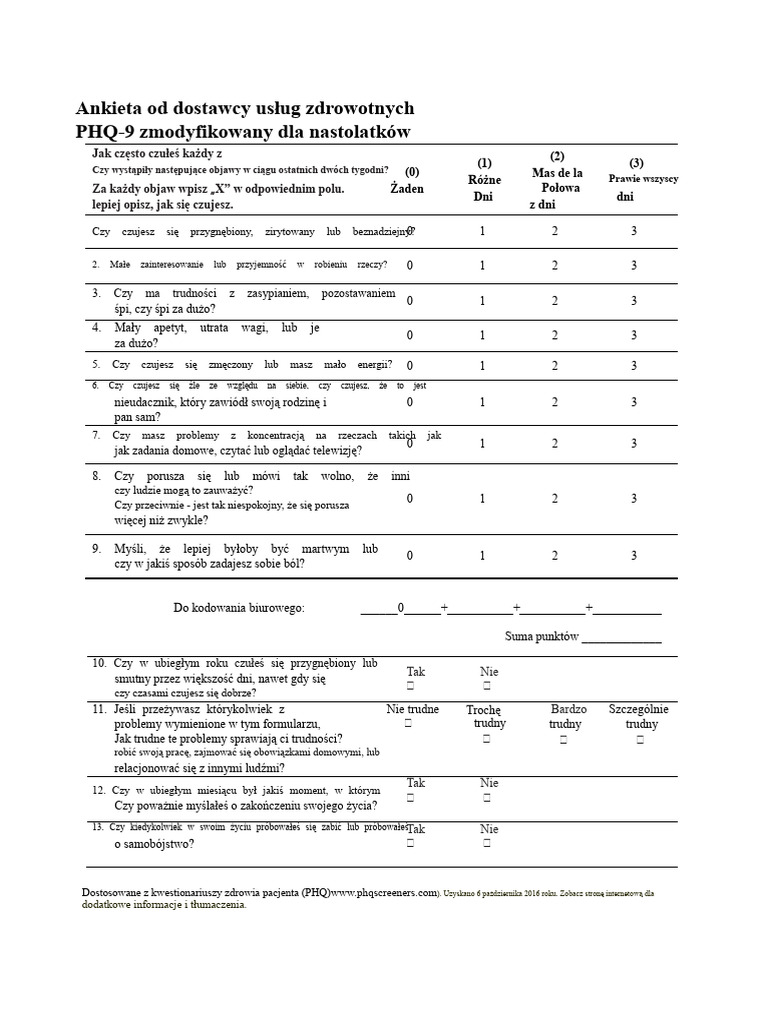 PHQ Dla Nastolatków | PDF