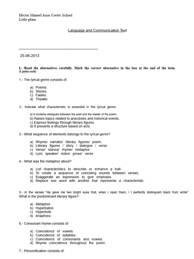 Lyric Genre Test | PDF | Poetry | Genre