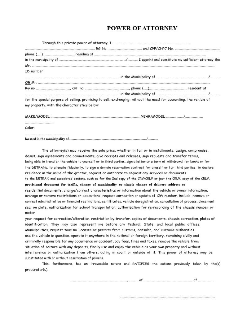 Power of Attorney For Vehicles | PDF | Power Of Attorney | Conveyancing