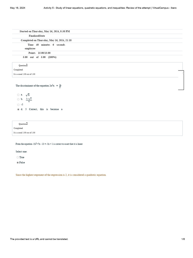 Activity 5 - Study of Linear Equations, Quadratic Equations, and ...