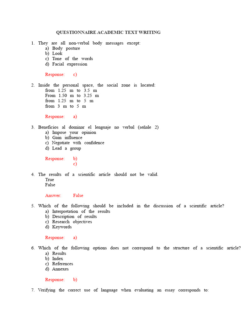 Questionnaire On Academic Text Writing | PDF