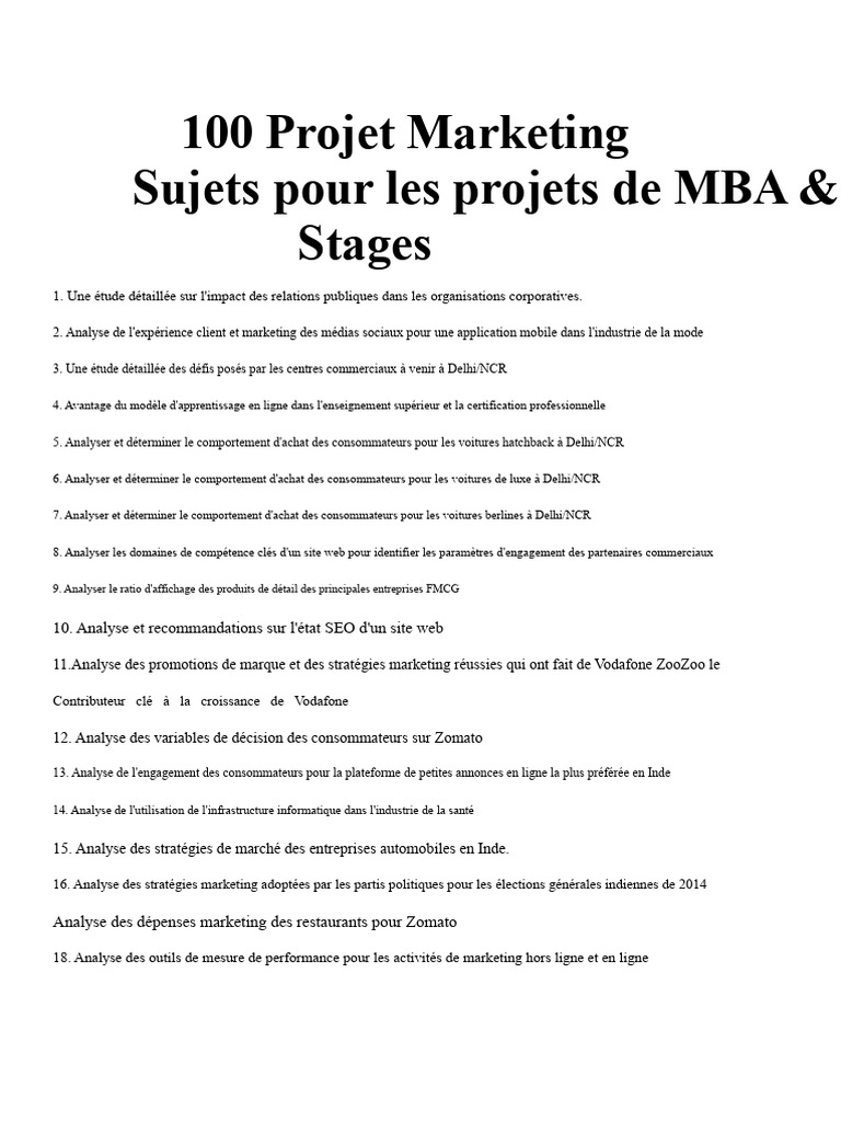 Projets Marketing pour MBA et Stages | PDF | Commercialisation | Marque