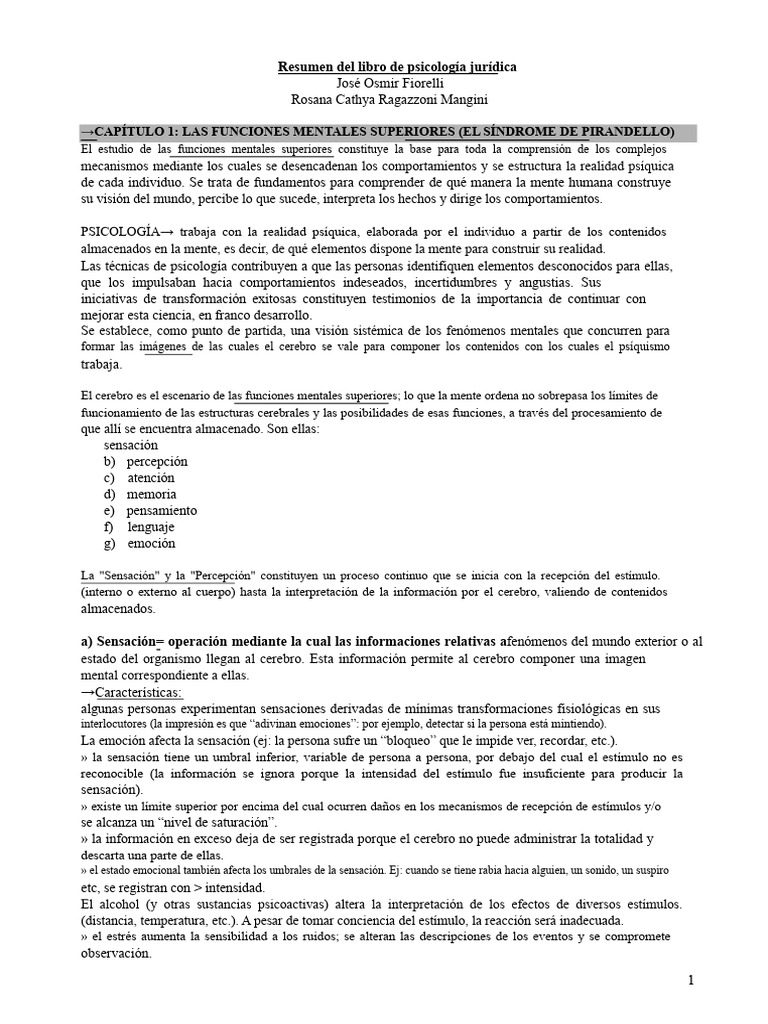 Psicología Jurídica José Osmir Fiorelli Resumen Completo 1 PDF | PDF | Las emociones | Percepción