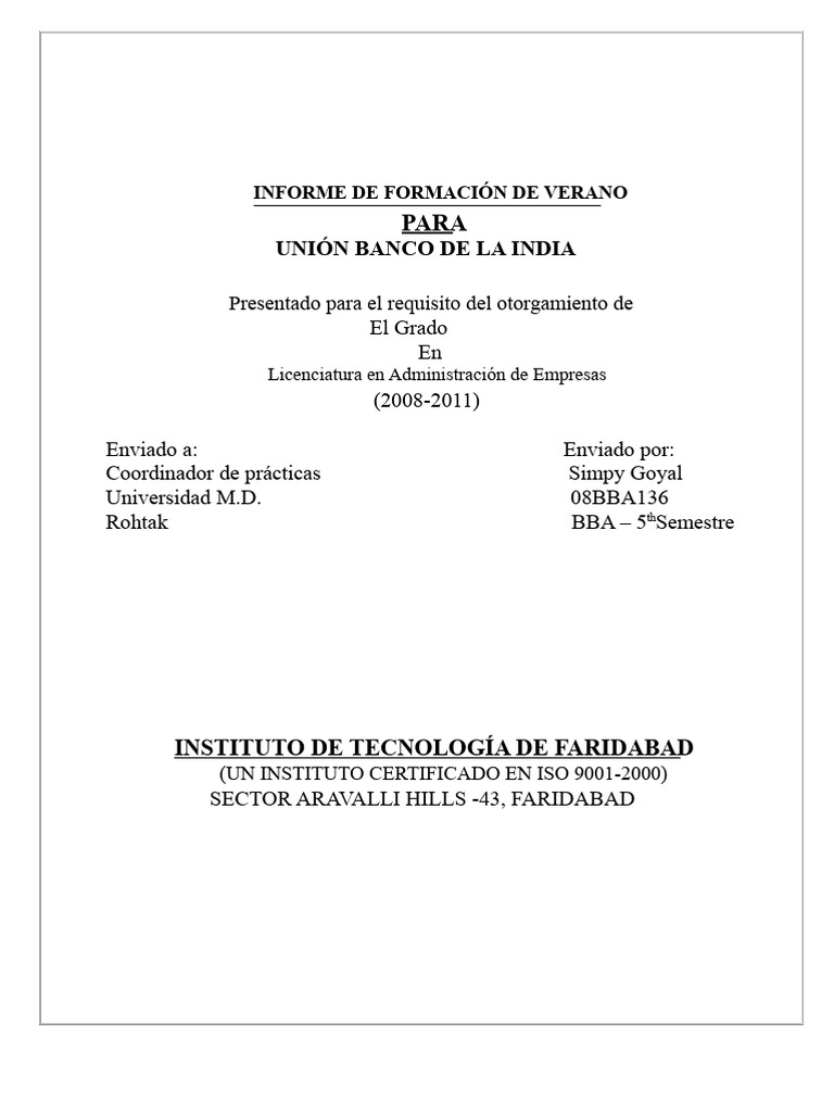 Informe de Prácticas en Unión Banco India | PDF | Bancos ...