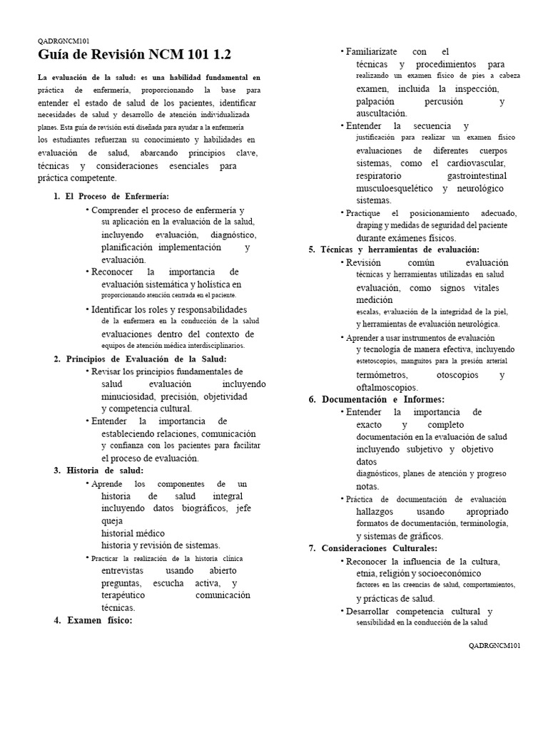 NCM-101-Guía de Revisión-1.2-Finales | PDF | Enfermería | Examen físico