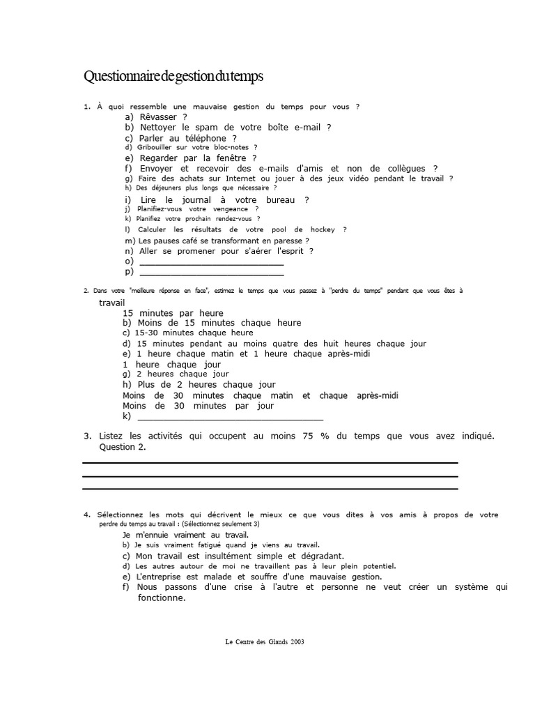 Questionnaire sur la gestion du temps au travail | PDF | Gestion du ...