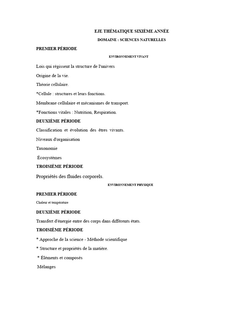 Sciences Naturelles 6e Année : Thèmes clés | PDF
