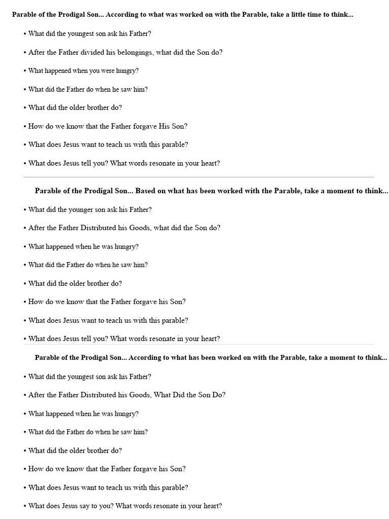 Questions For Reflection On The Parable of The Prodigal Son | PDF