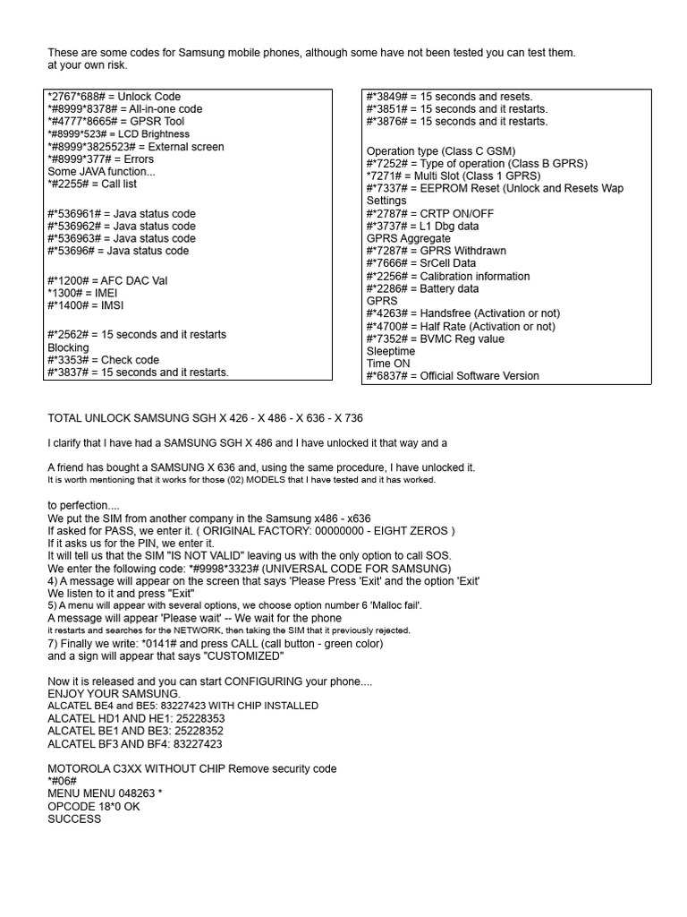 Codes For Samsung Brand Cell Phones | PDF | Mobile Technology | Mobile ...