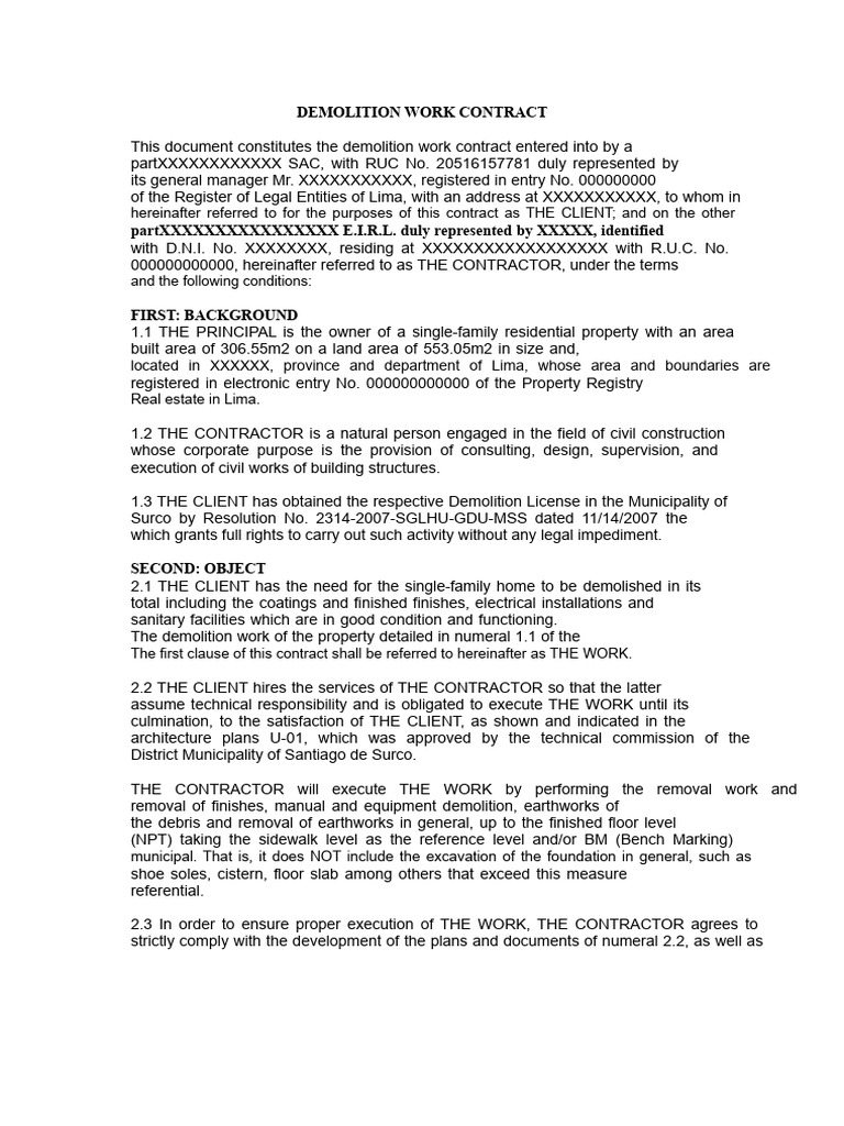 Demolition Work Contract Agreement | PDF | Employment | Labour Law