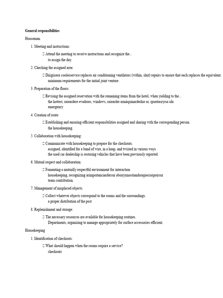 Houseman and Housekeeping Responsibilities | PDF | Housekeeping
