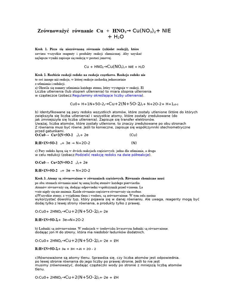 Zrównoważ Równanie Cu + HNO3 Cu (NO3) 2 + NO + H2O | PDF