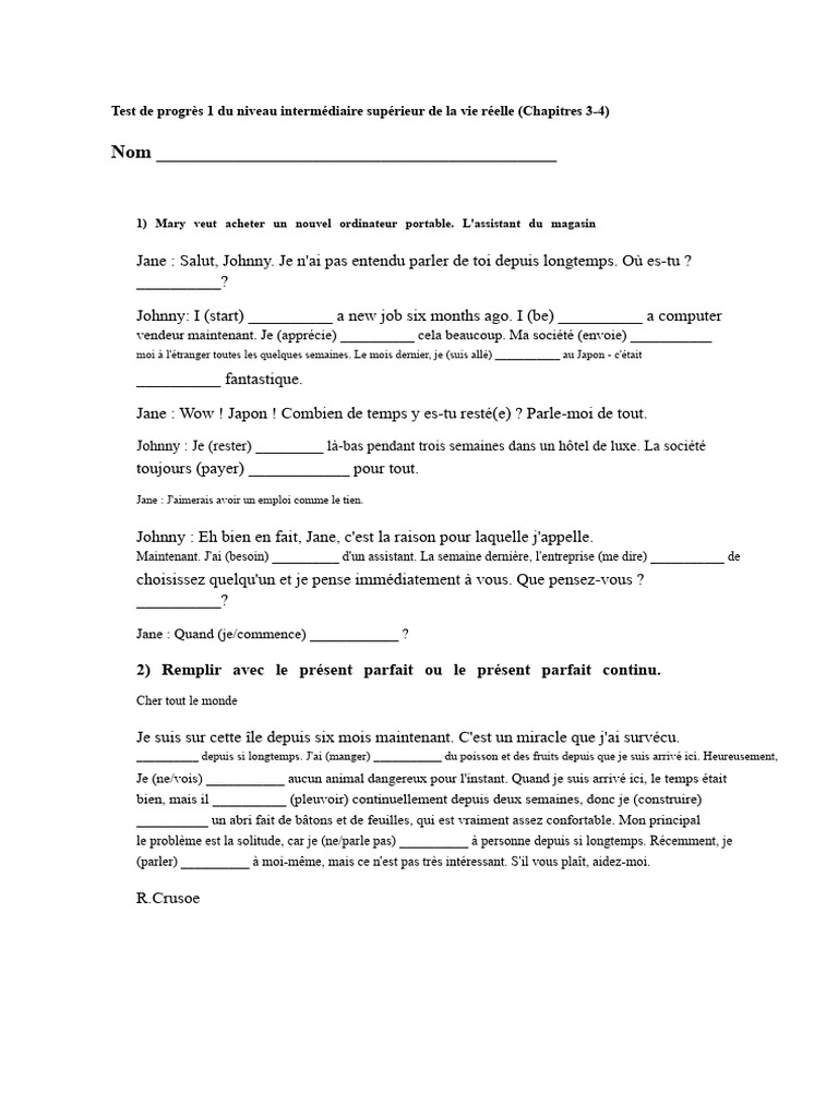 Test de Progrès 1 Niveau Intermédiaire Supérieur de La Vie Réelle | PDF