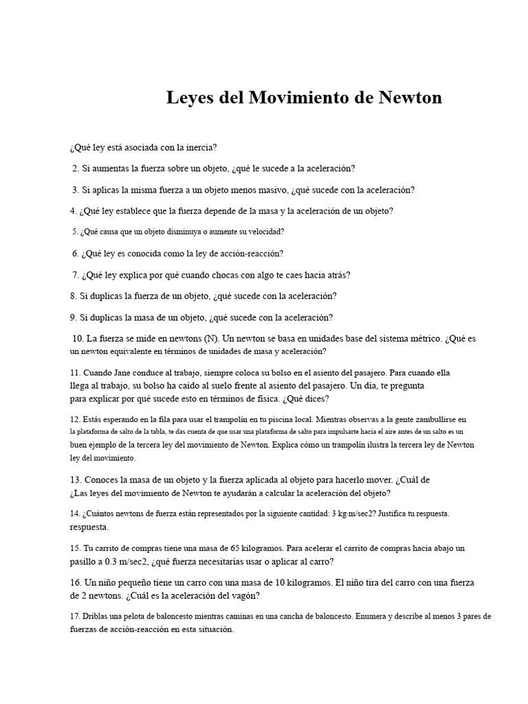 Hoja de trabajo sobre las Leyes del Movimiento de Newton. | PDF ...