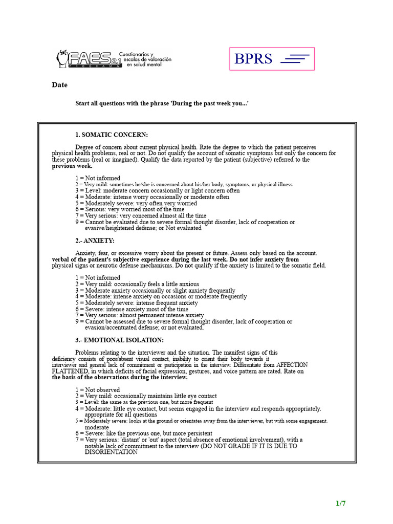 BPRS Scale Assessment Guide | PDF | Hallucination | Delusion