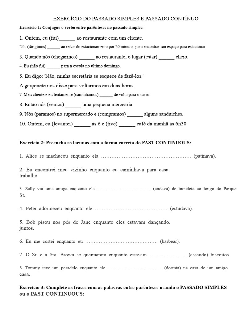 EXERCÍCIO DO PASSADO SIMPLES E PASSADO CONTÍNUO | PDF