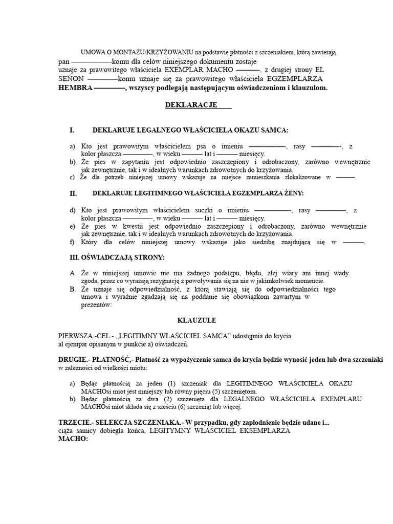 Umowa Na Krycie Psa | PDF