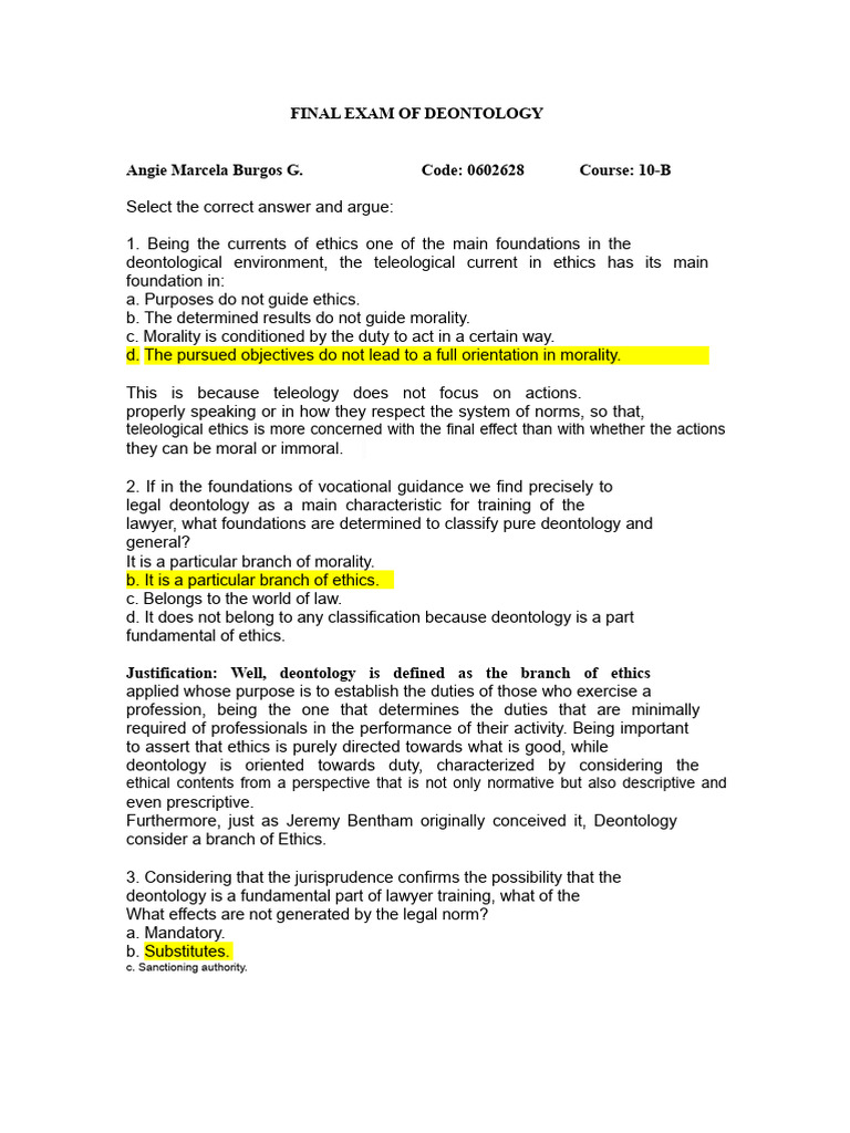 Final Exam of Deontology | PDF | Morality | Liberal Arts Education