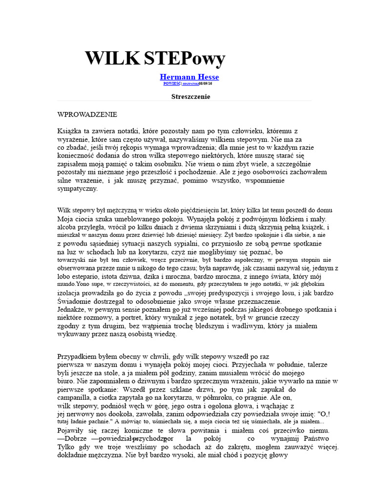 Wilk Stepowy - Streszczenie | PDF