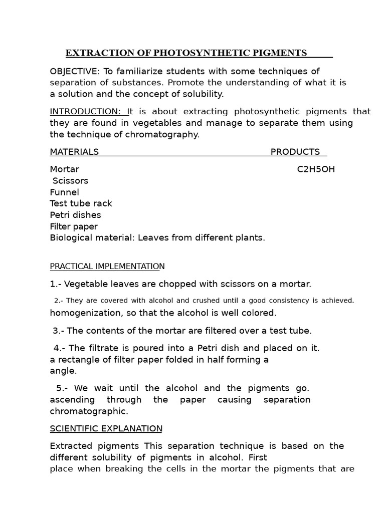 Extraction of Photosynthetic Pigments | PDF | Photosynthesis | Chlorophyll