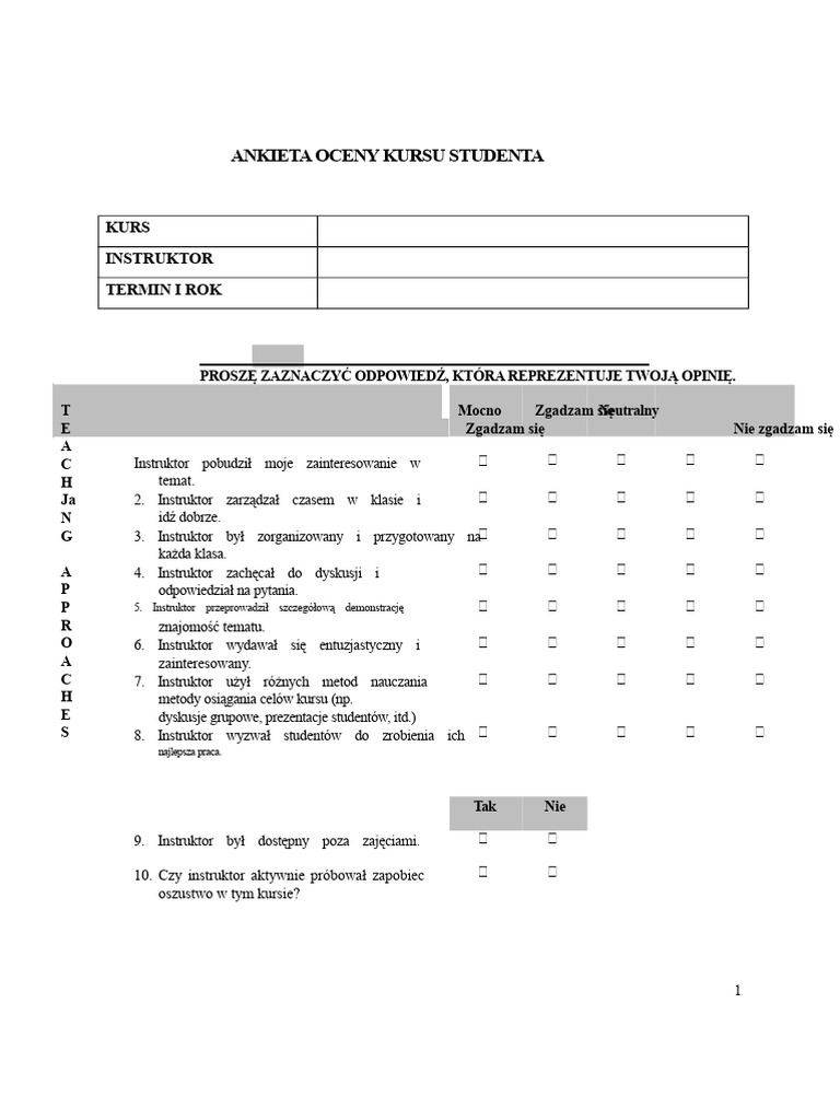 Formularz Oceny Kursu Przez Studenta | PDF