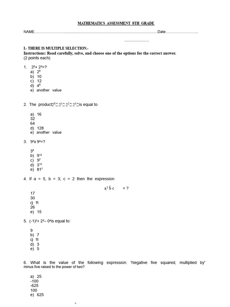 8th Grade Mathematics Assessment Test | PDF