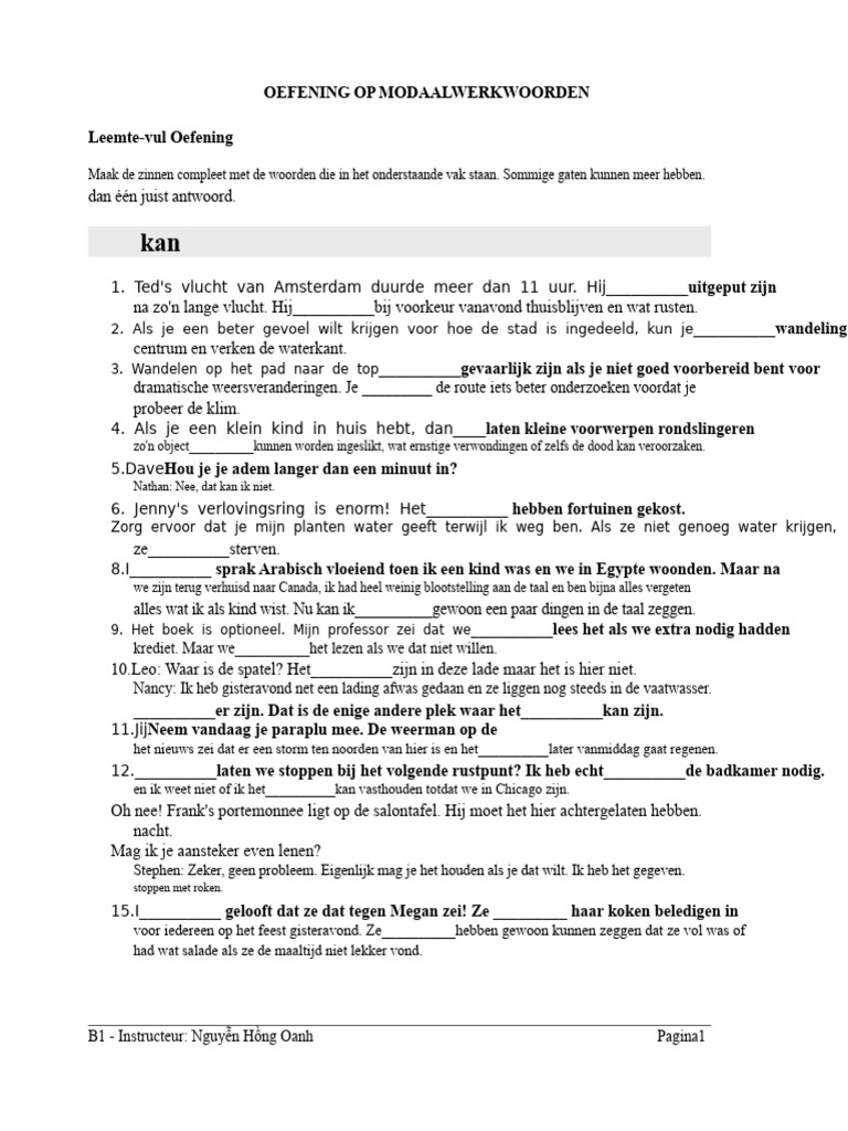 Modale Werkwoorden Oefening 1 | PDF