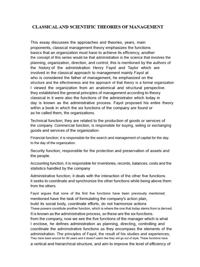 Essay On Classical and Scientific Management Theory | PDF | Theory ...