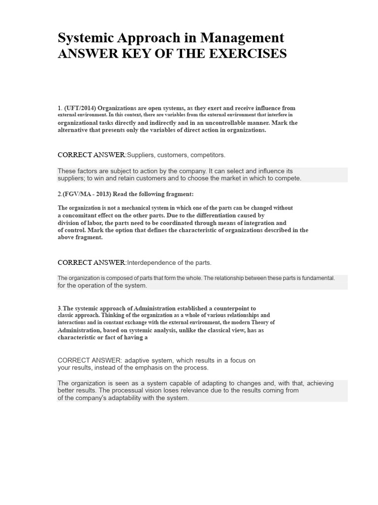 03 Answer Key For Systemic Approach in Management | PDF | System ...