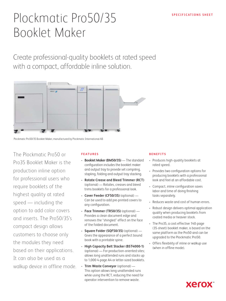 Xerox Iridesse Production Press - Plockmatic Pro50 Booklet Maker | PDF ...