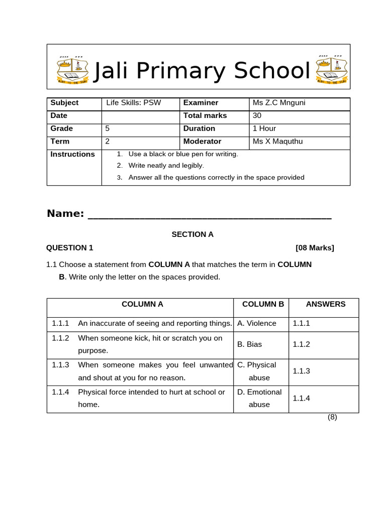 Grade 5 LS PSW Term 2 Test 2025 QP & Memo | PDF