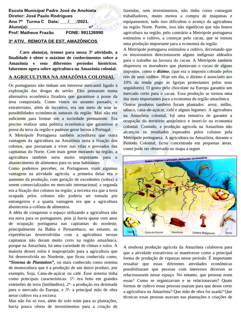 3 Atividade 7ºano C Est. Amazônicos - 1ºbim. | PDF | Agricultura ...