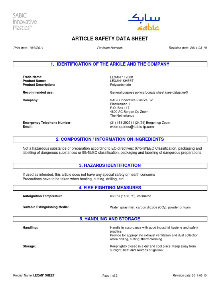 Polycarbonate Compact Lexan f2000 Fiche de Securite 030321 | PDF ...