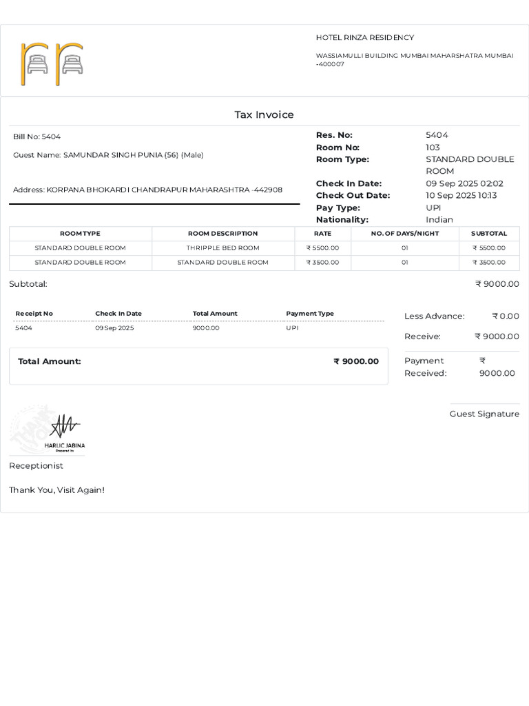 Hotel Tax Invoice for Stay at Rinza | PDF