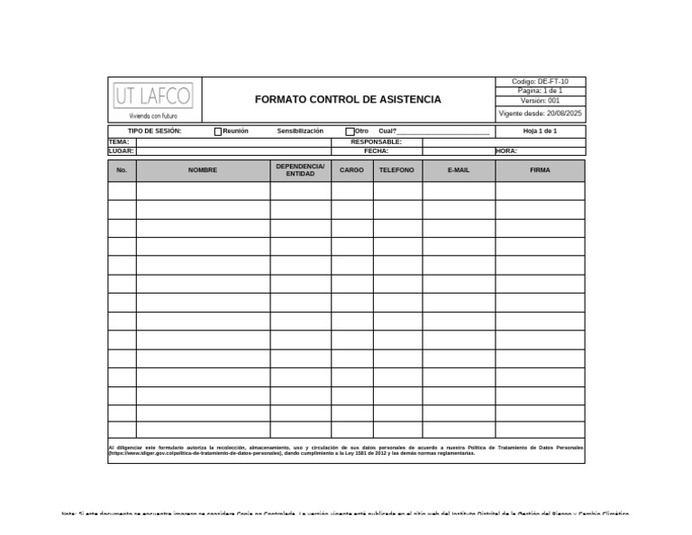 Formato Control de Asistencia IDIGER | PDF
