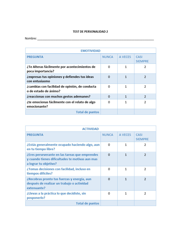 Test de Personalidad: Emotividad y Actividad | PDF