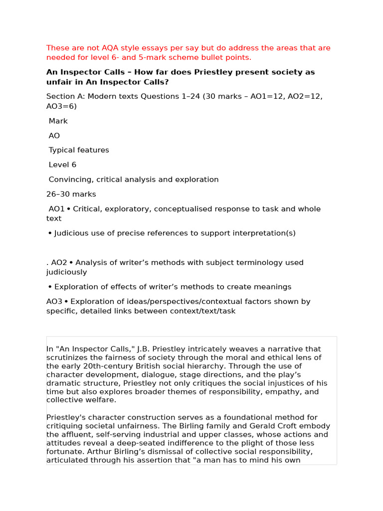 An Inspector Calls Essay On Fairness and Society | PDF