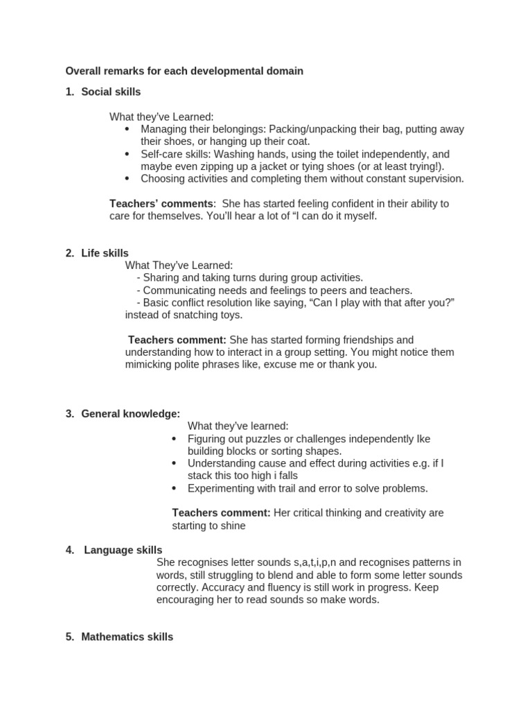 Angelica Overall Remarks For Each Developmental Domain | PDF | Behavior Modification ...