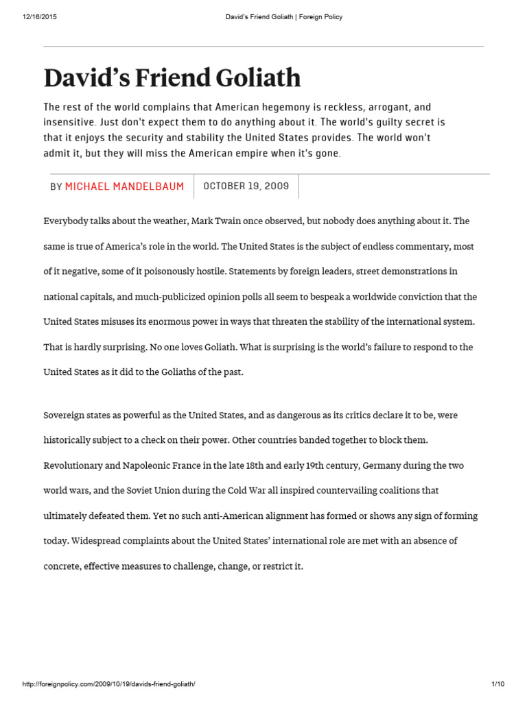 Mandelbaum - David's Friend Goliath - Foreign Policy | PDF ...
