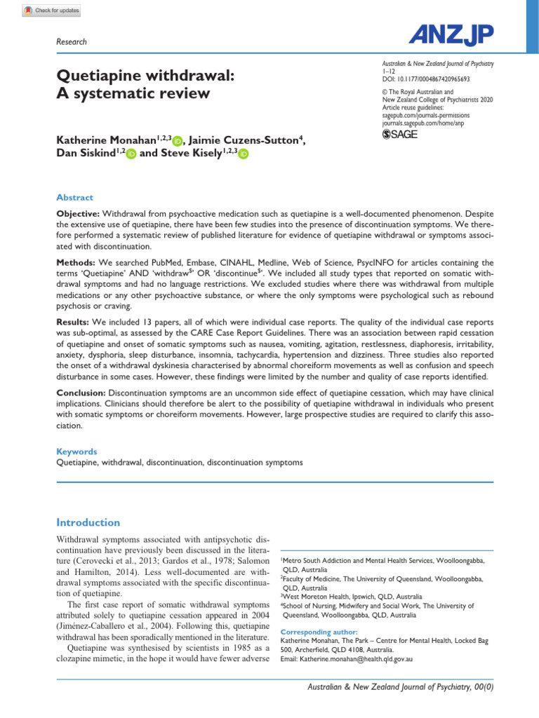 Quetiapine Withdrawal: A Systematic Review: Katherine Monahan, Jaimie ...
