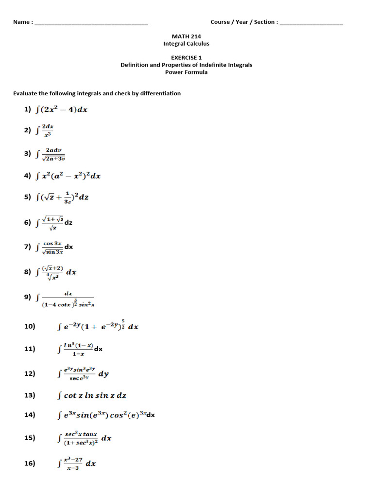 Integral Calculus: Indefinite Integrals Exercise | PDF