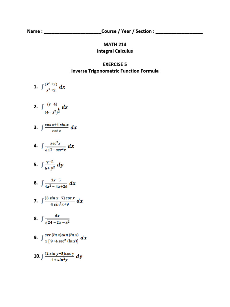Inverse Trigonometric Functions Exercise | PDF