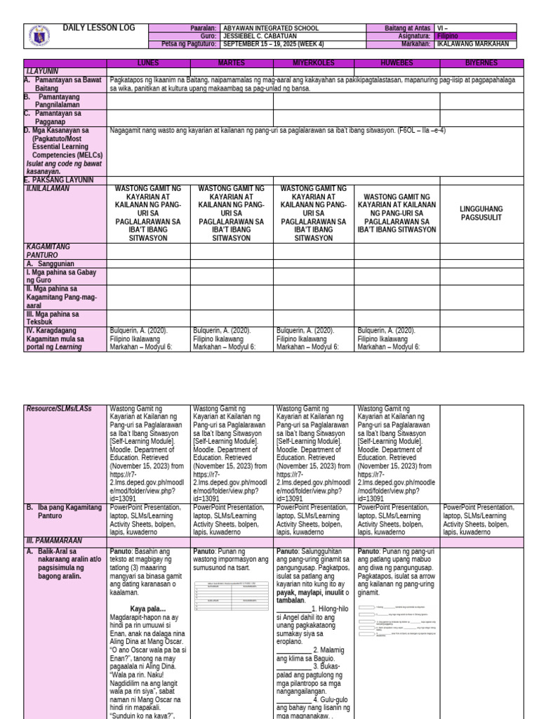g6 q2w4 DLL Filipino (Melcs) | PDF