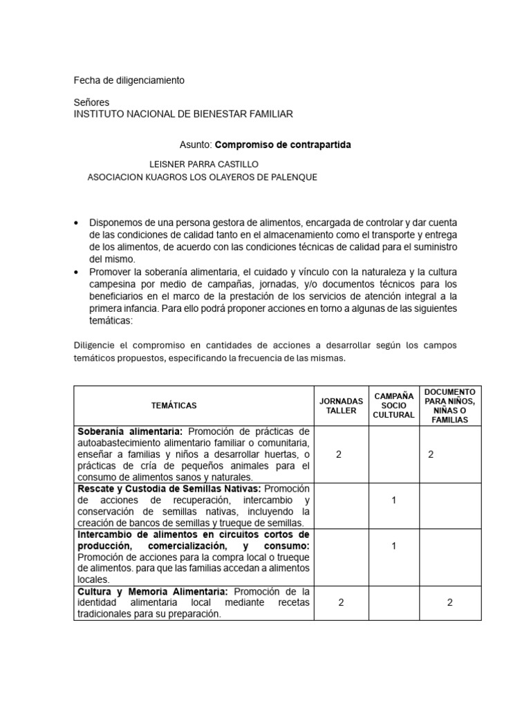 Compromiso de Contrapartida Alimentaria | PDF | Alimentos