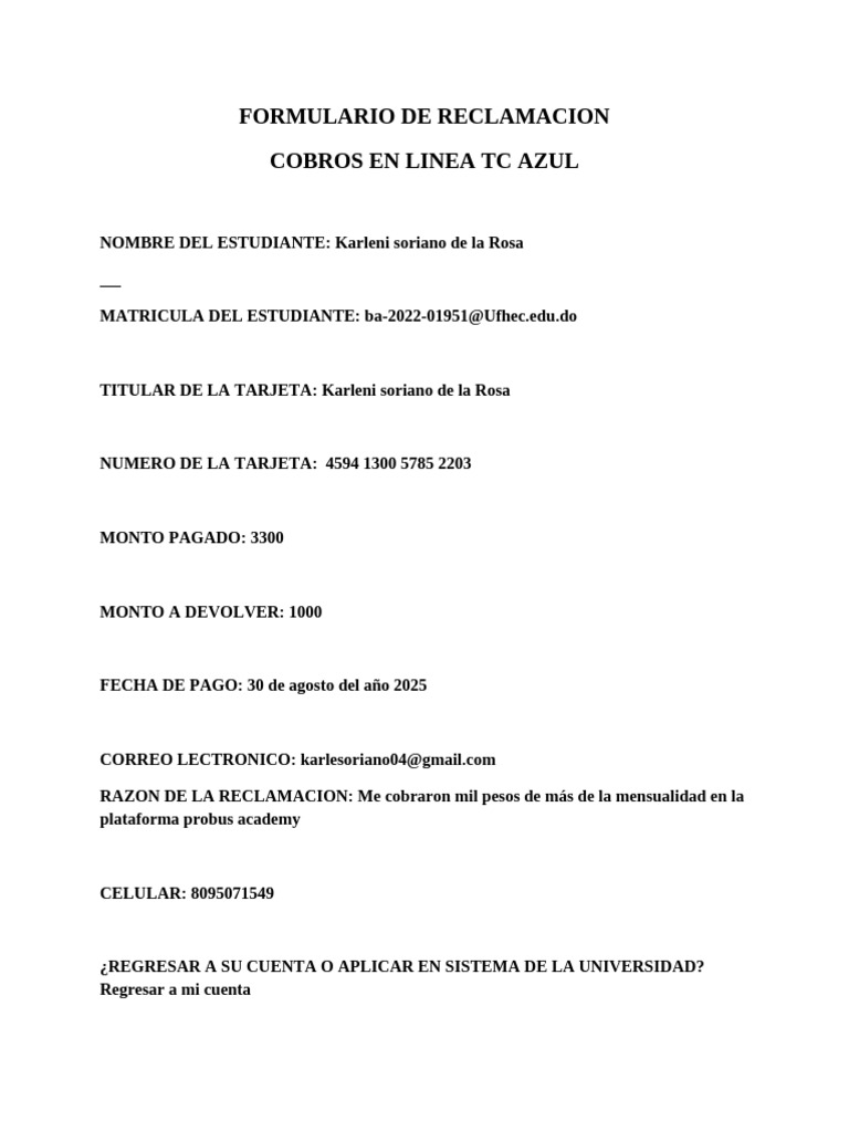 Formulario de Reclamacion Pagos TC Azul 1 | PDF