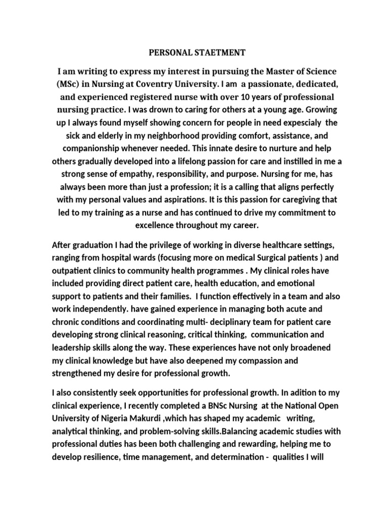 MSc Nursing Personal Statement | PDF | Nursing | Health Care
