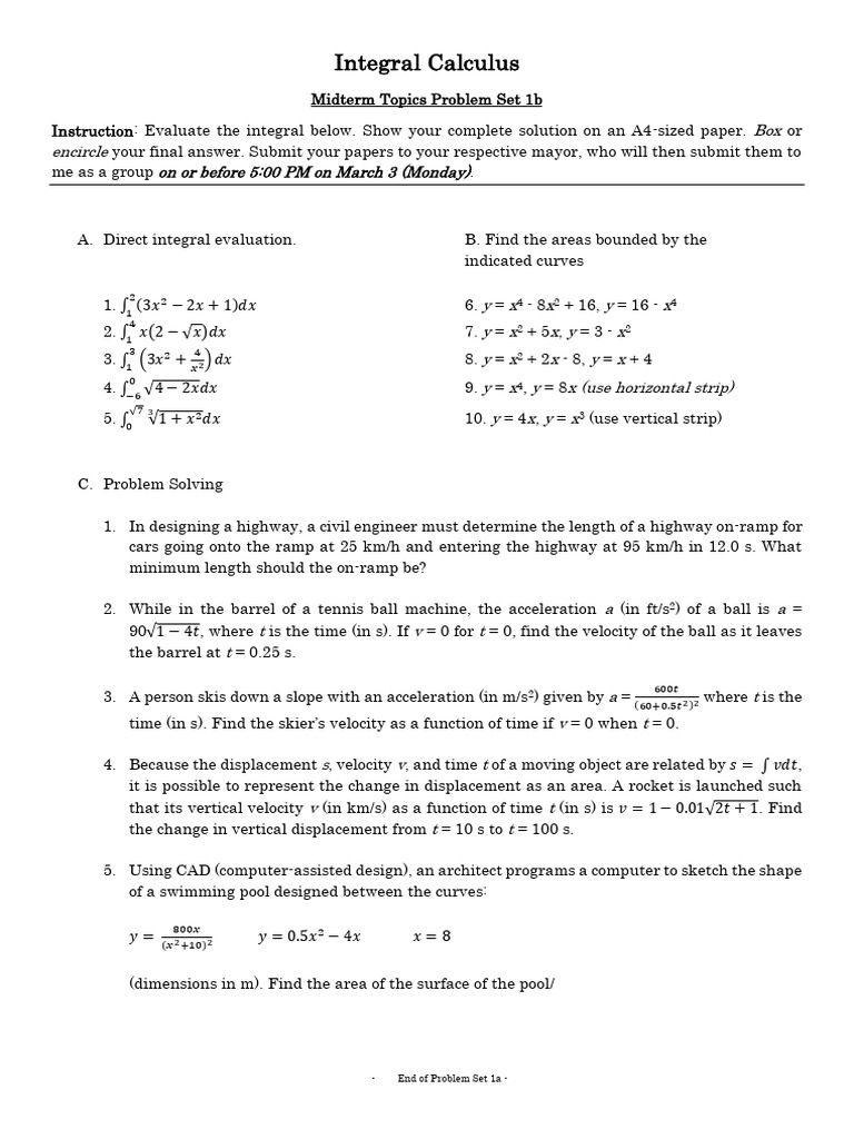 Integral Calculus Problem Set 1b With Graph | PDF | Area | Velocity