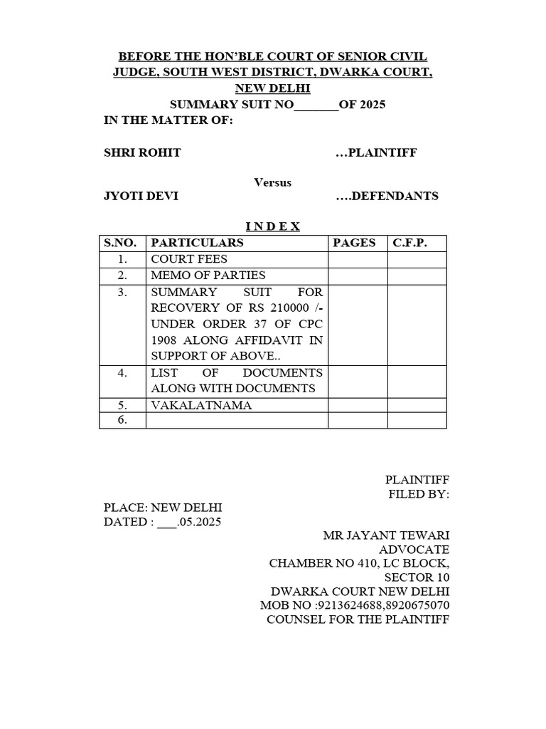 Summary Suit for ₹210,000 Recovery | PDF | Lawsuit | Affidavit